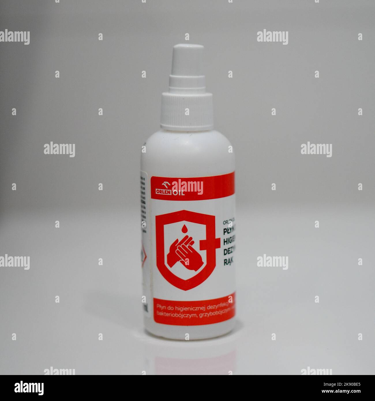 A vertical closeup of Orlen brand disinfection liquid in a bottle Stock ...