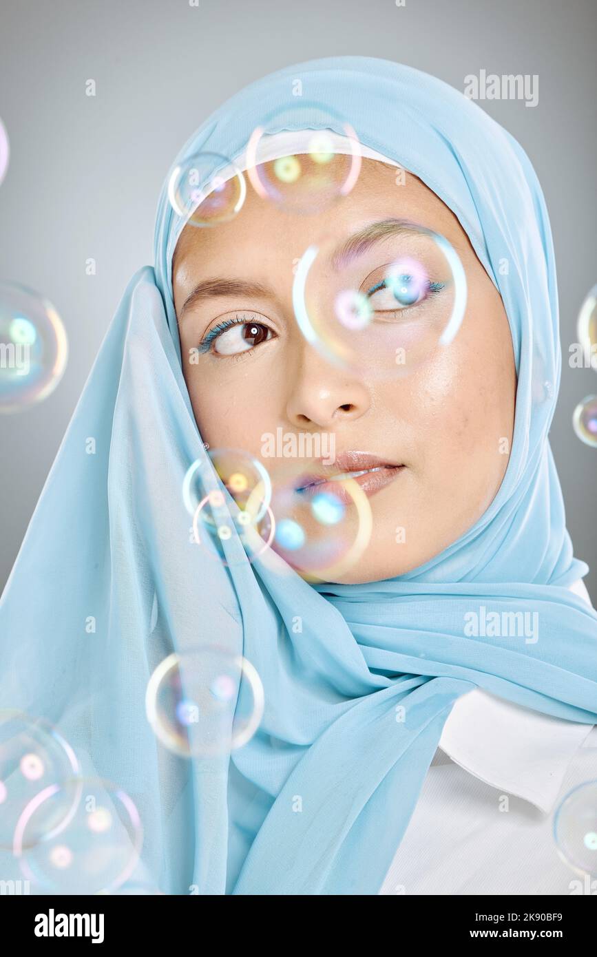 Skincare, bubbles and Muslim model with beauty, idea and thinking ...