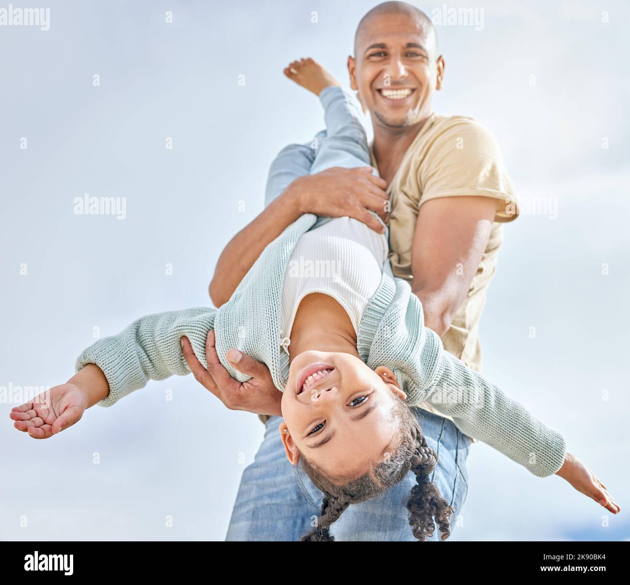 Happy, summer with father and girl playing together with love, care and ...