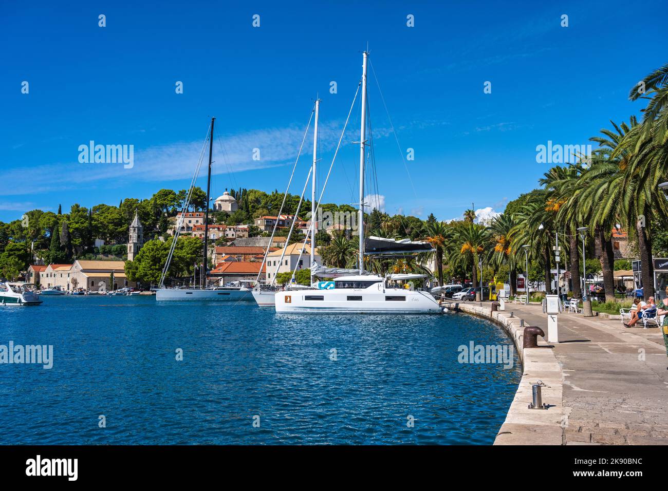 Palm-lined promenade and seafront of picturesque town of Cavtat on ...