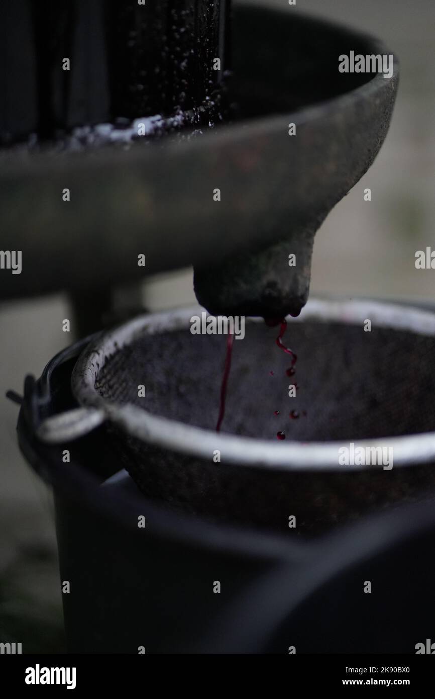 A vertical shot of an antique metal juicer with red juice, a strainer ...