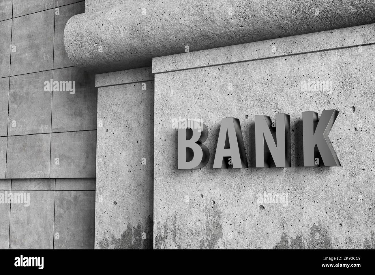 Bank sign on concrete wall of a building facade. Illustration of the ...