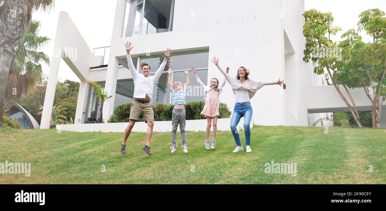 Family home, real estate and celebrate of people happy about new ...