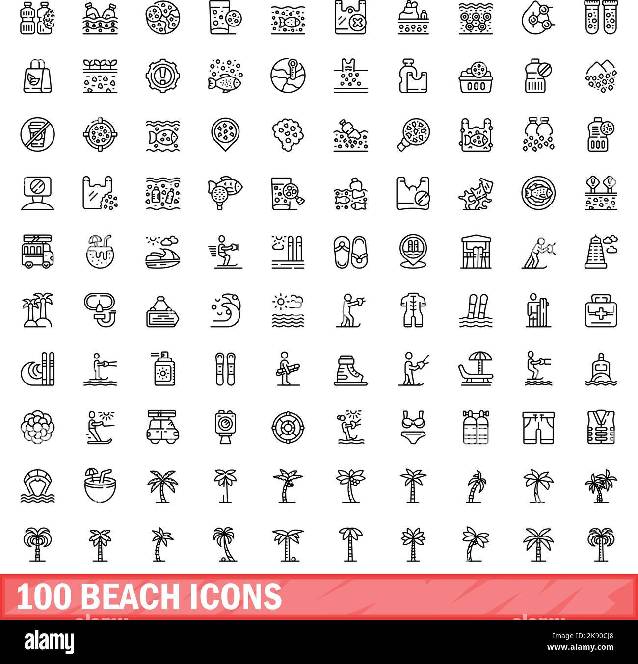 100 beach icons set. Outline illustration of 100 beach icons vector set ...