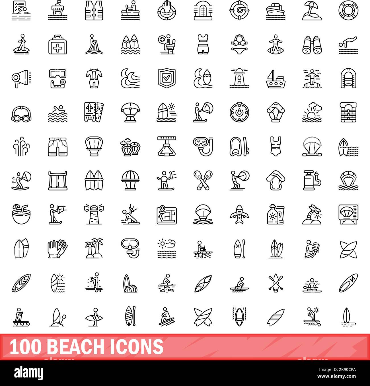 100 beach icons set. Outline illustration of 100 beach icons vector set ...