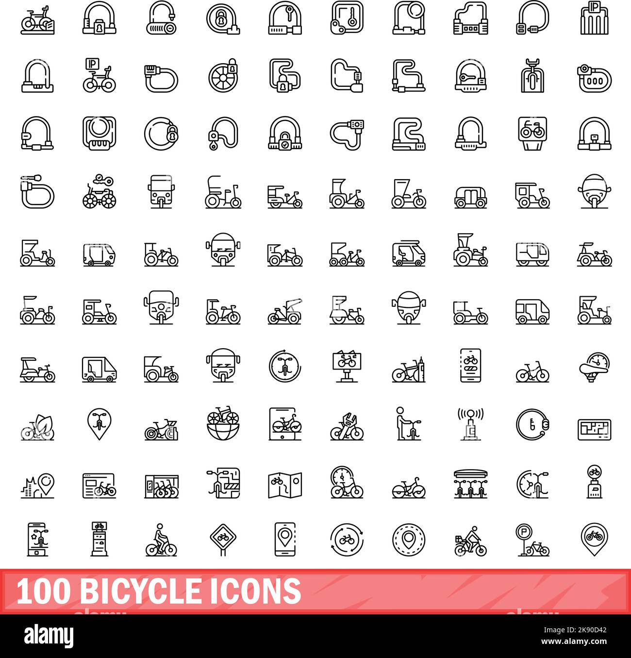 100 bicycle icons set. Outline illustration of 100 bicycle icons vector ...