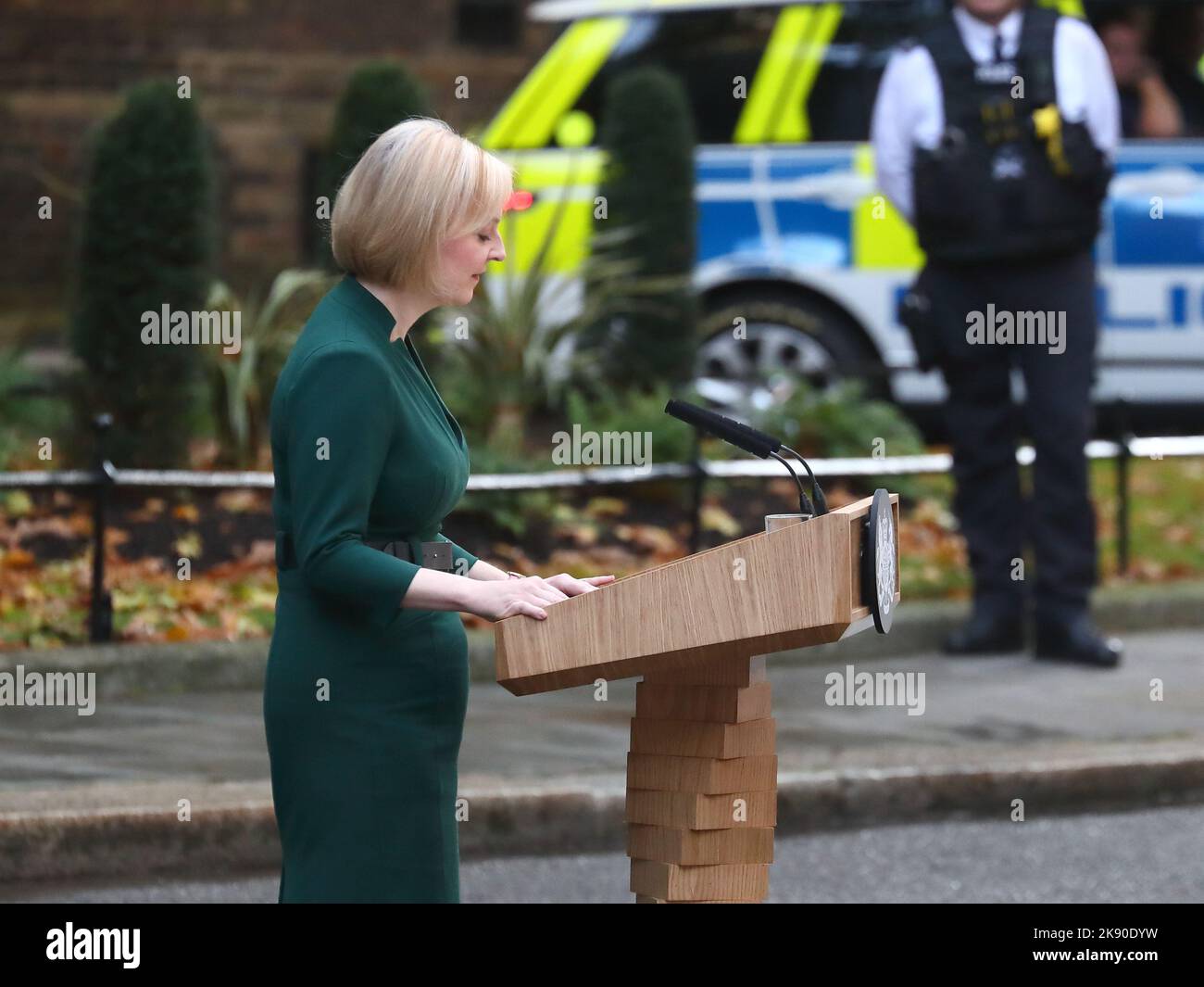 London, UK. 25th Oct, 2022. Outgoing Prime Minister Liz Truss holds a ...
