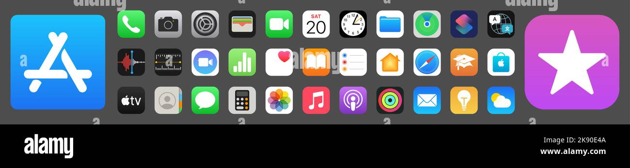 Set IOS icons. Vector editorial illustration isolated on dark ...