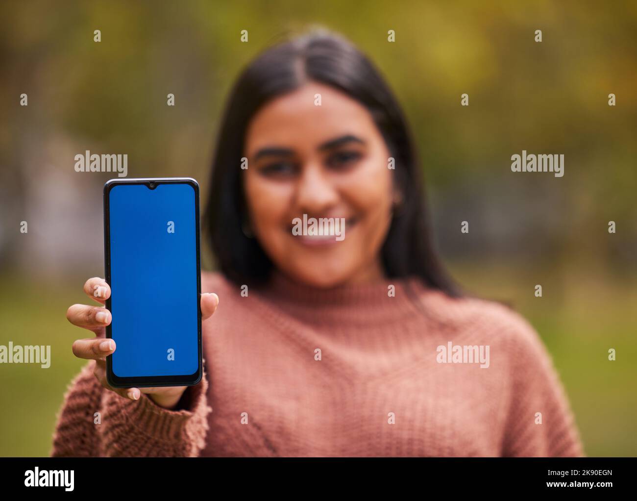 Green screen, girl and hands with phone portrait for online alert ...