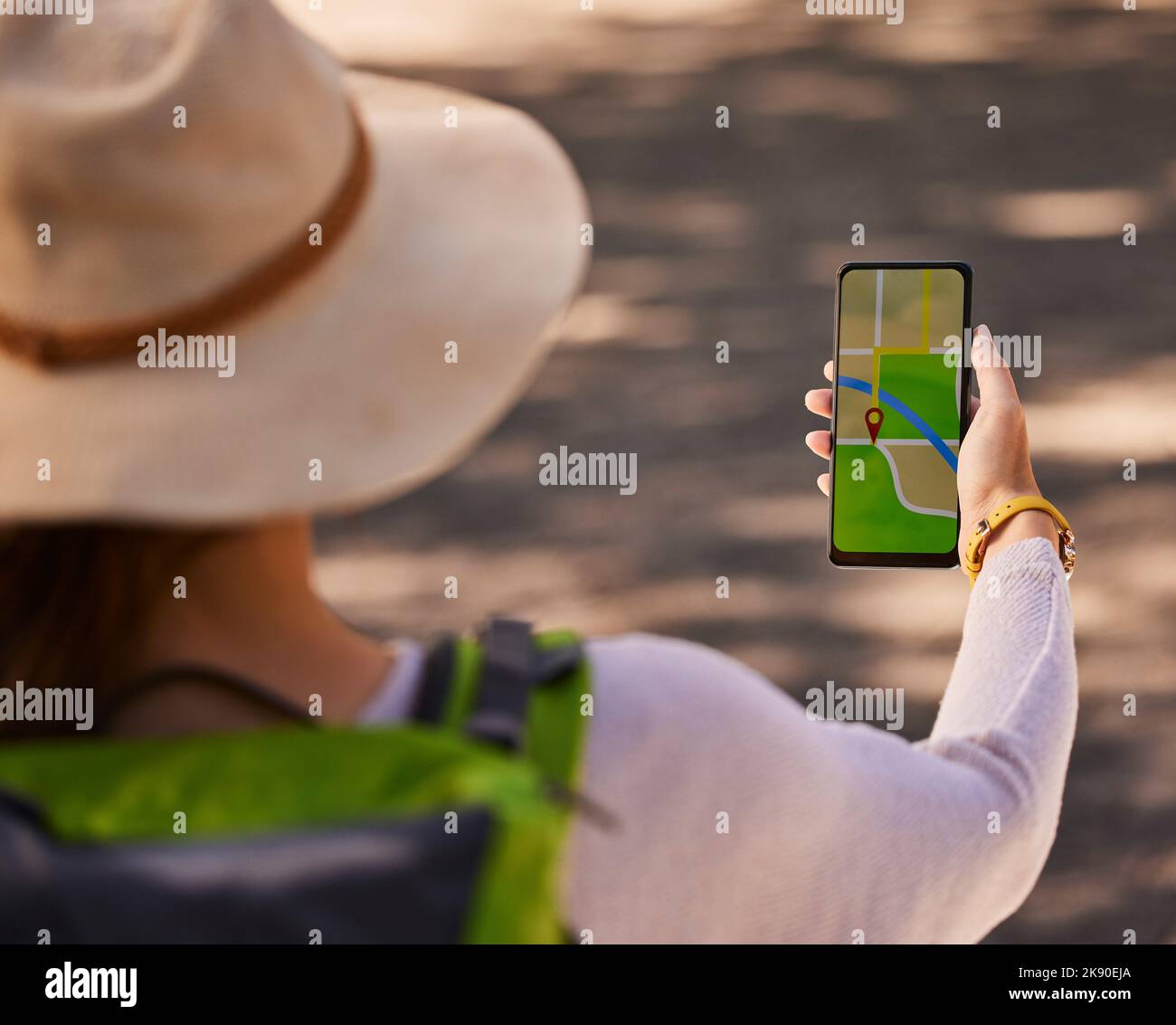 Internet map, phone and woman in nature for adventure, travel and ...