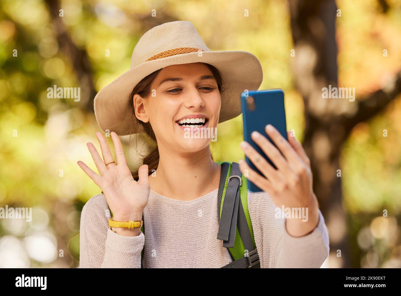 Nature, hike and phone video call of a woman in nature talking and ...