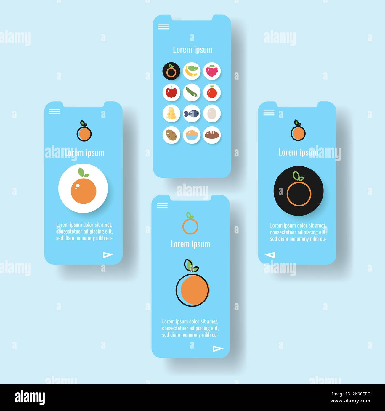 Template mobile app page with orange fruit. Food outline icon vector ...