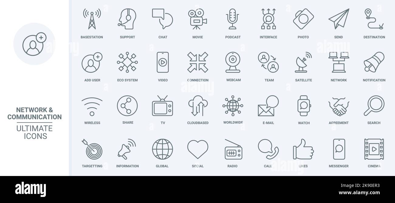 Social media, global network technology thin line icons set vector ...