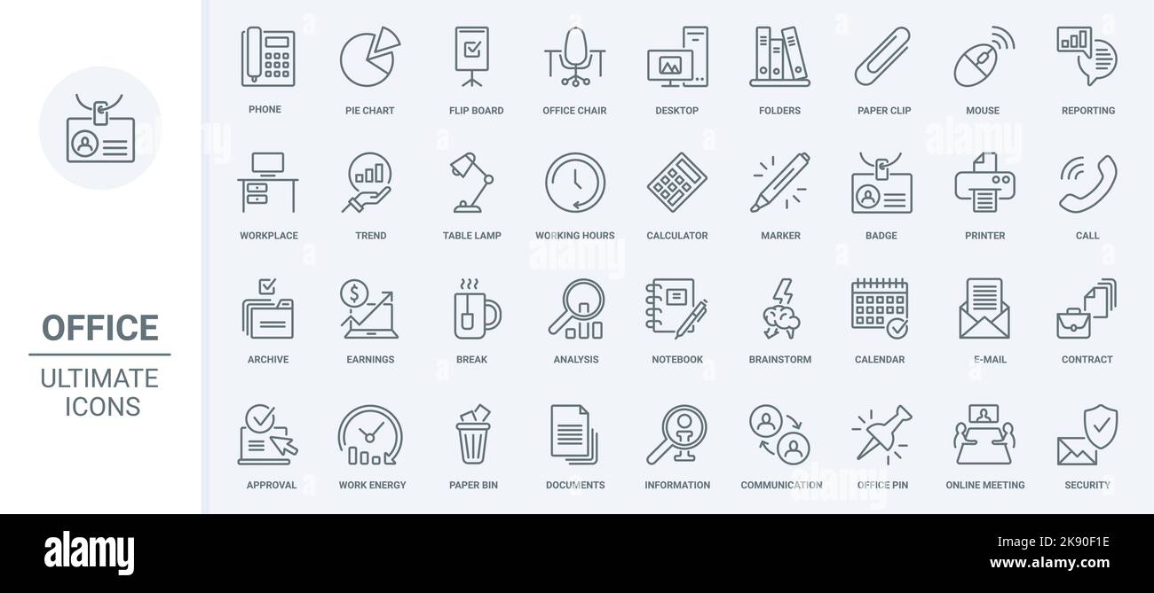 Office communication and documents thin line icons set vector ...