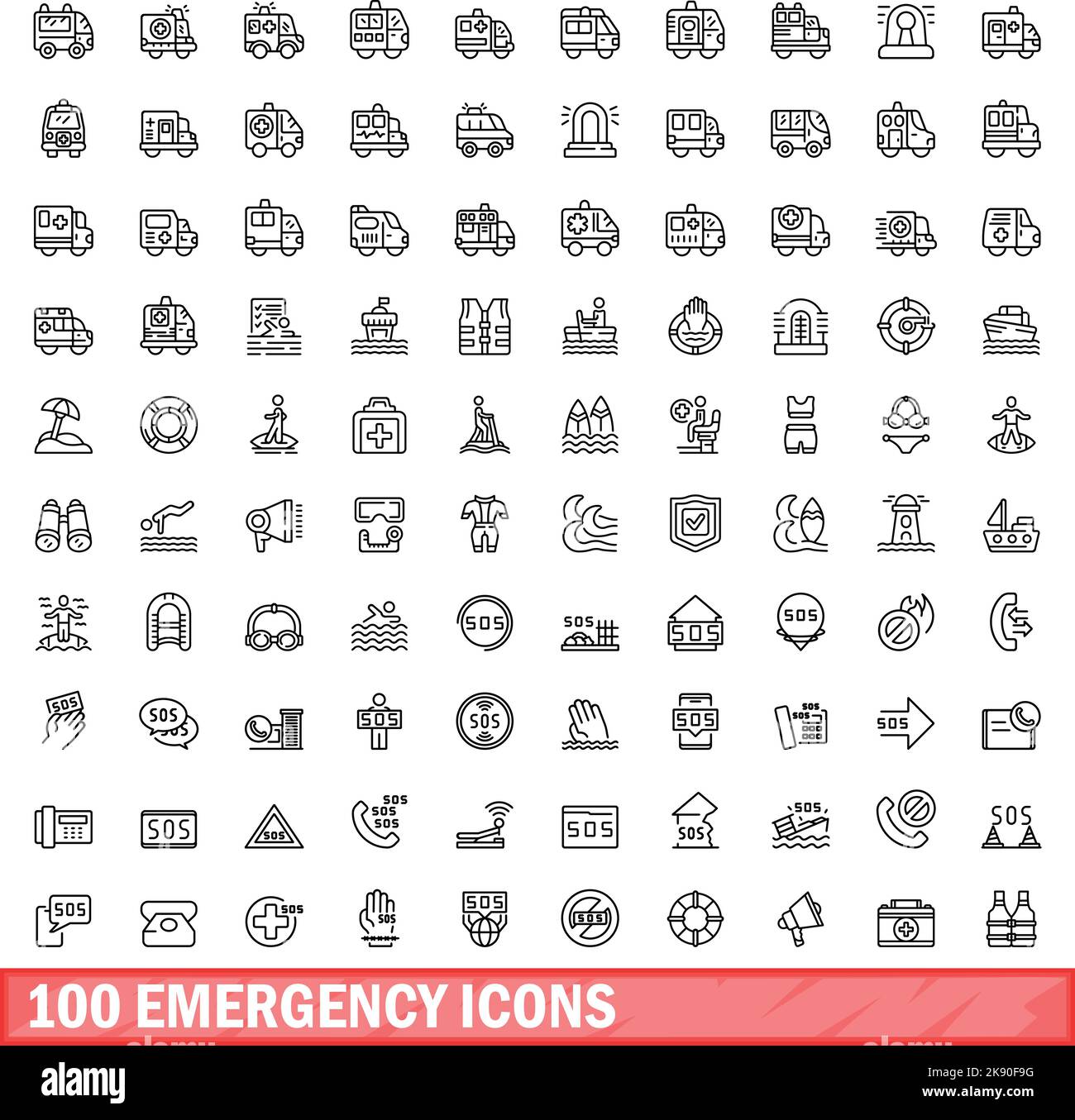 100 emergency icons set. Outline illustration of 100 emergency icons ...