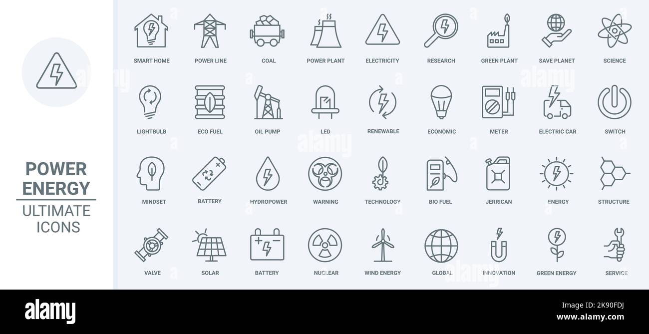 Innovation researches in energy and power production thin line icons ...