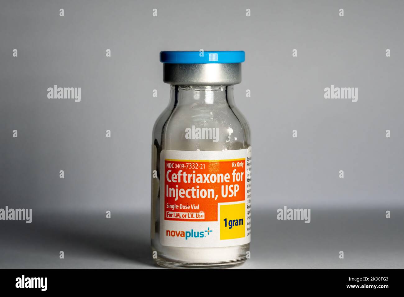 A bottle of Ceftriaxone antibiotics treating infections for injection ...
