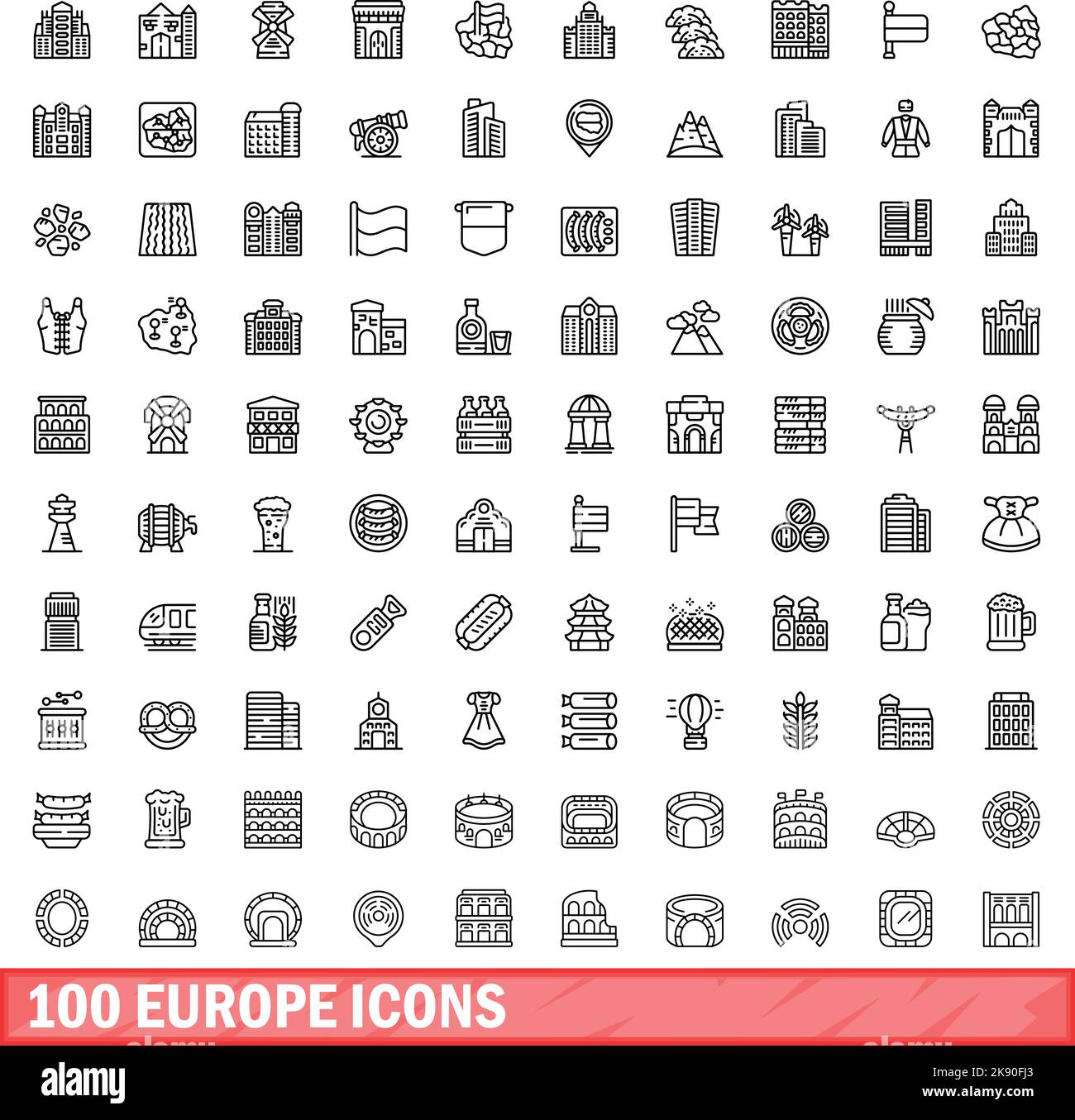 100 europe icons set. Outline illustration of 100 europe icons vector ...
