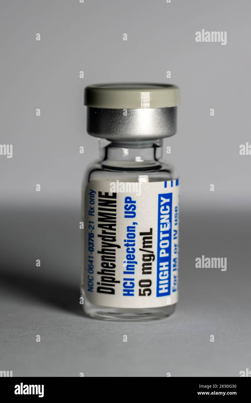 A bottle of Diphenhydramine-Benadryl drug for injection treating ...