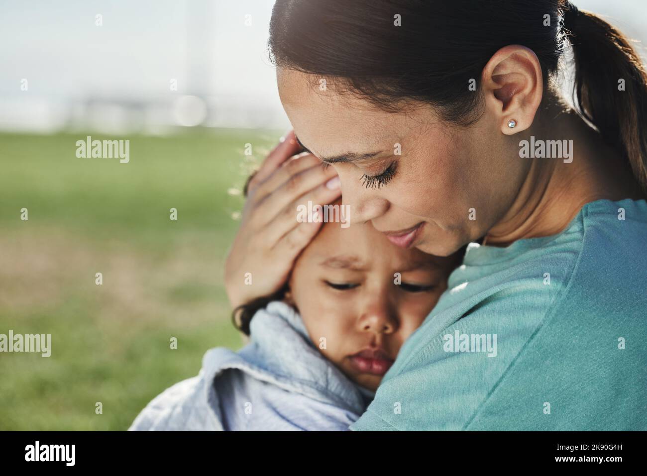 Comfort, mother and sad baby with anxiety, fear and frustrated with ...