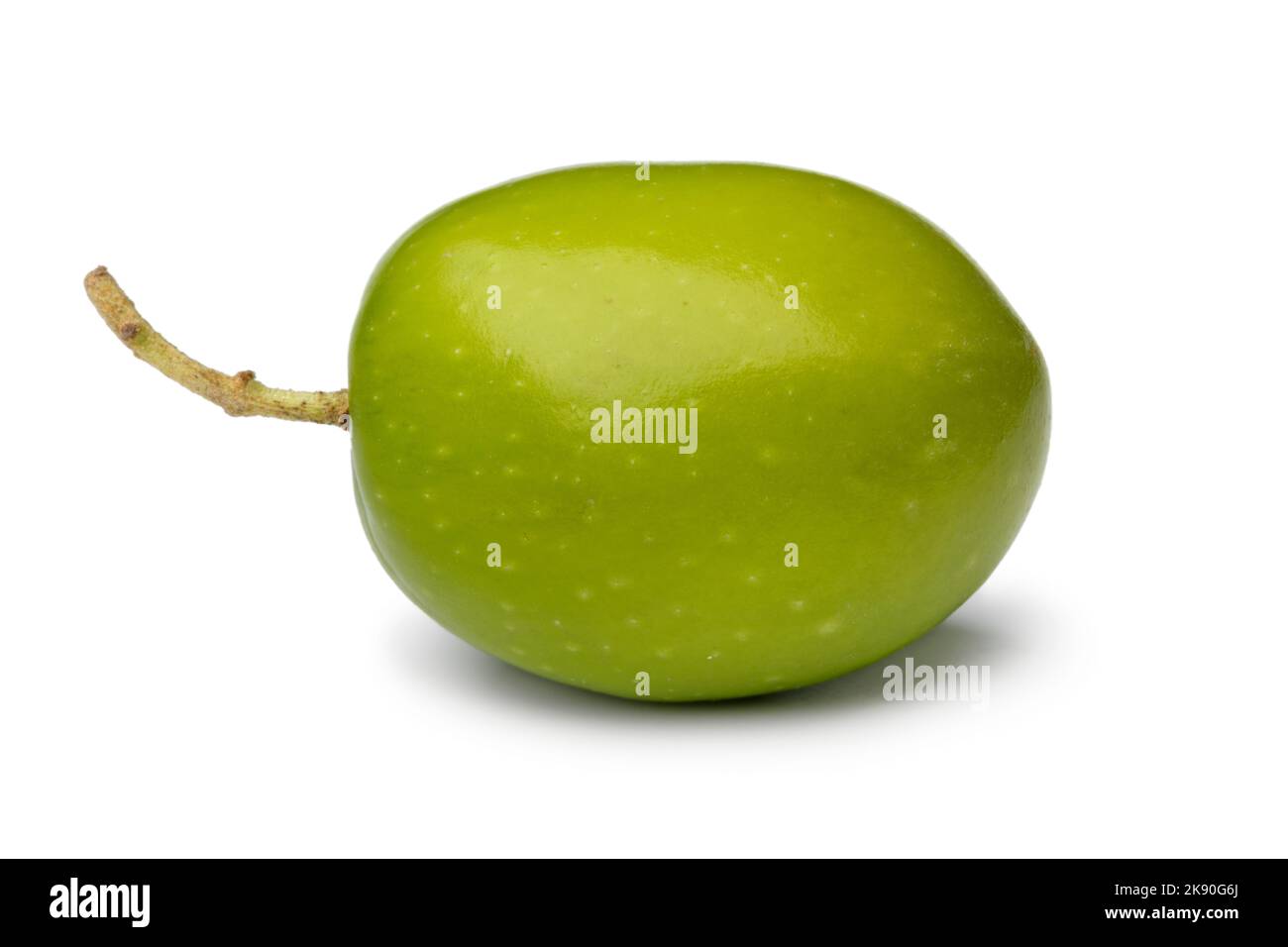 Single fresh raw green olive close up isolated on white background ...