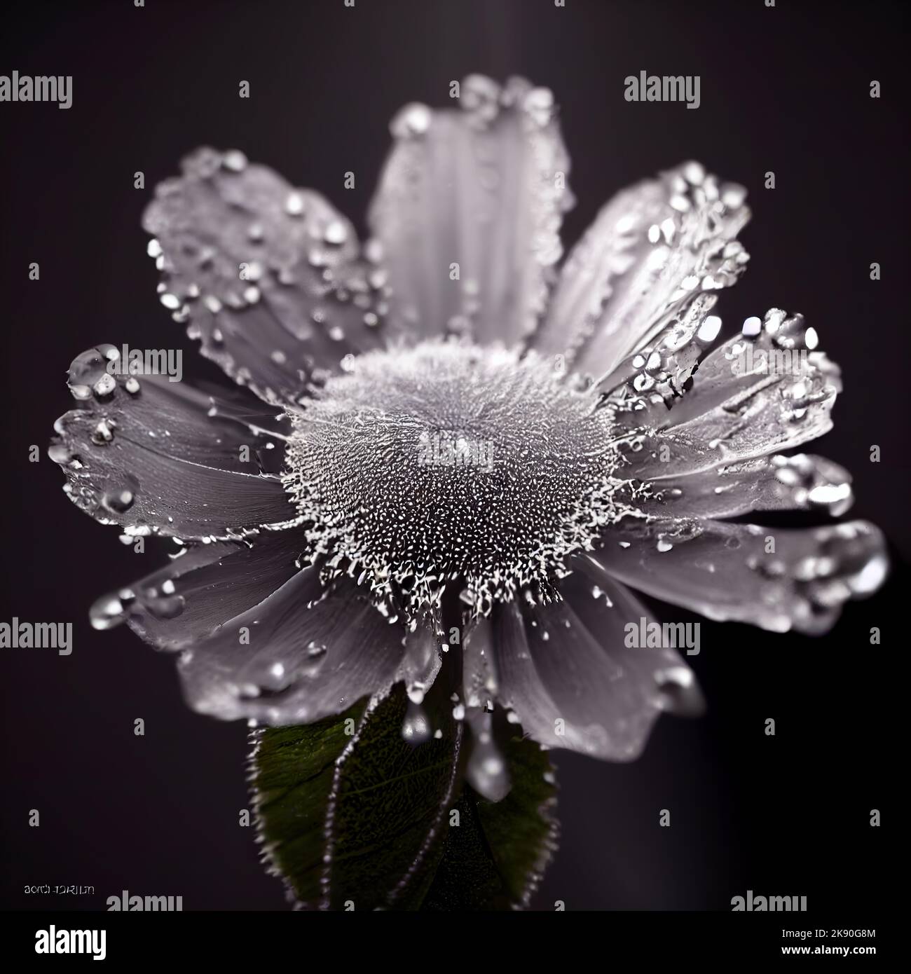 A digital 3D grayscale render of a flower with dew droplets Stock Photo ...
