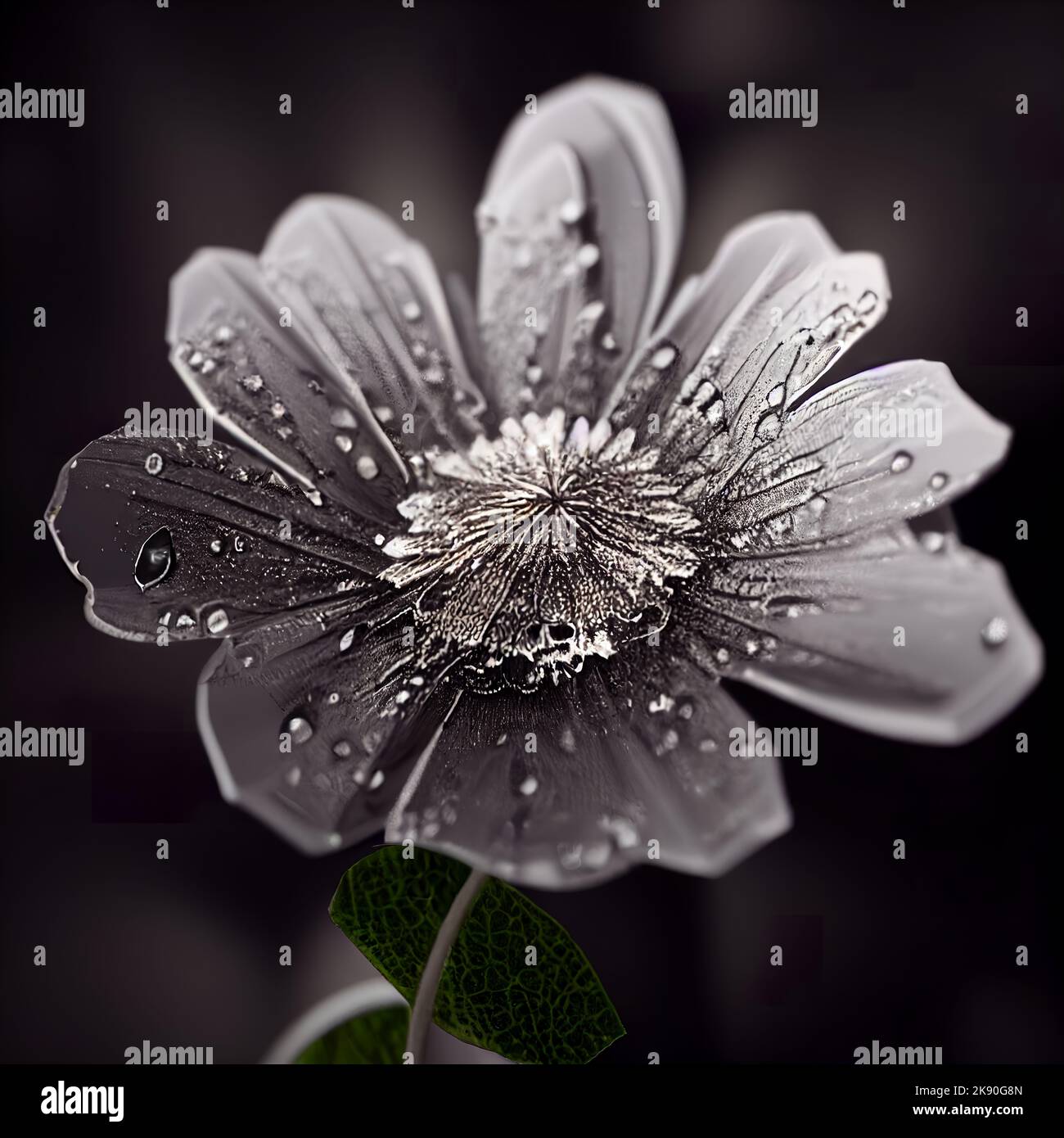 A digital 3D grayscale render of a flower with dew droplets Stock Photo ...