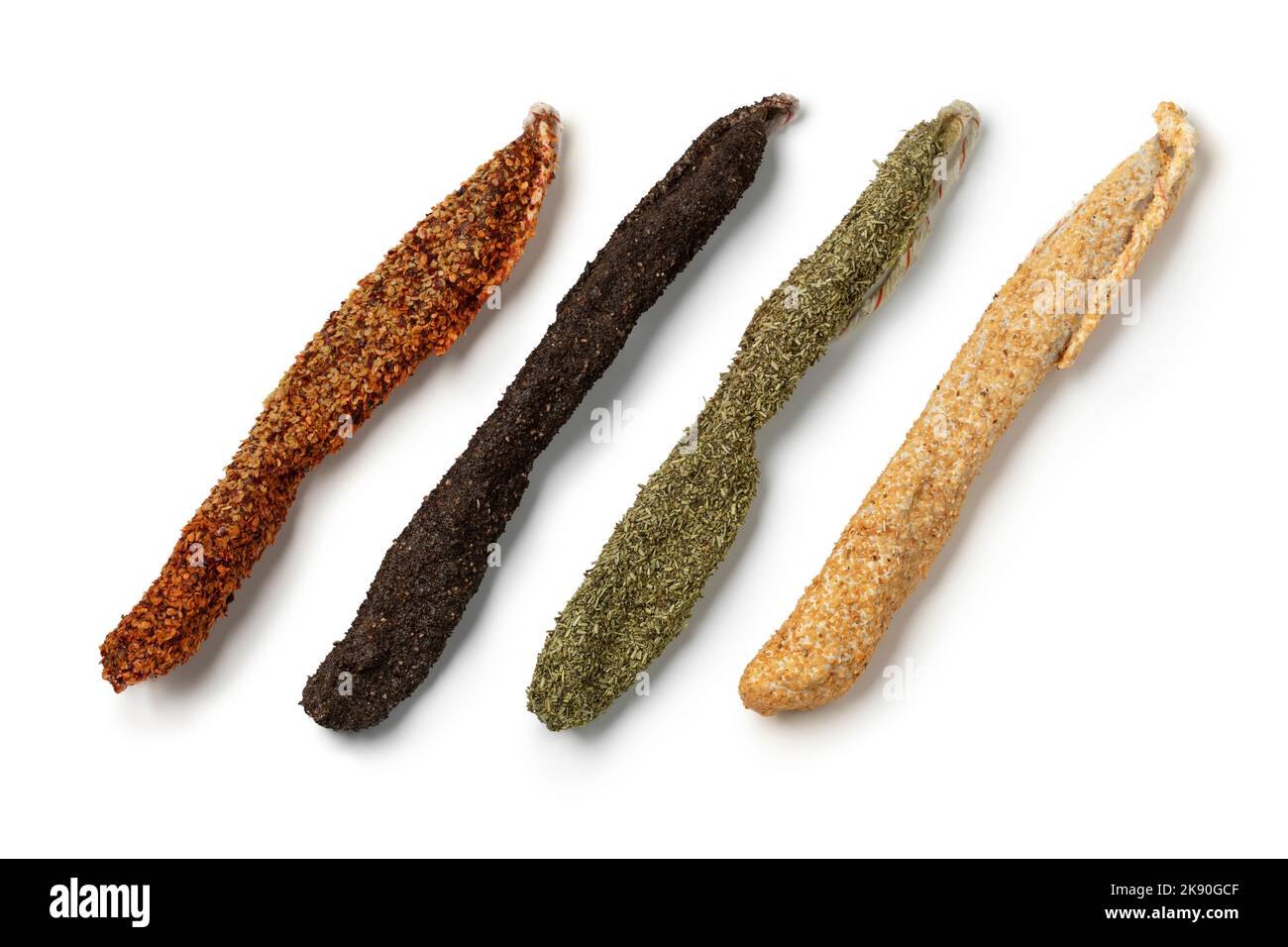 Variaton of traditional Spanish fuet close up isolated on white ...