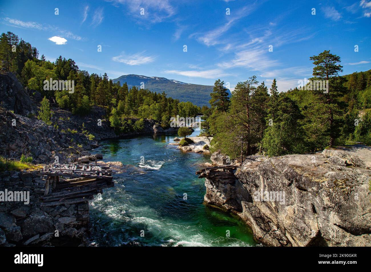 An aerial view of a beautiful river stream in a forest near mountains ...