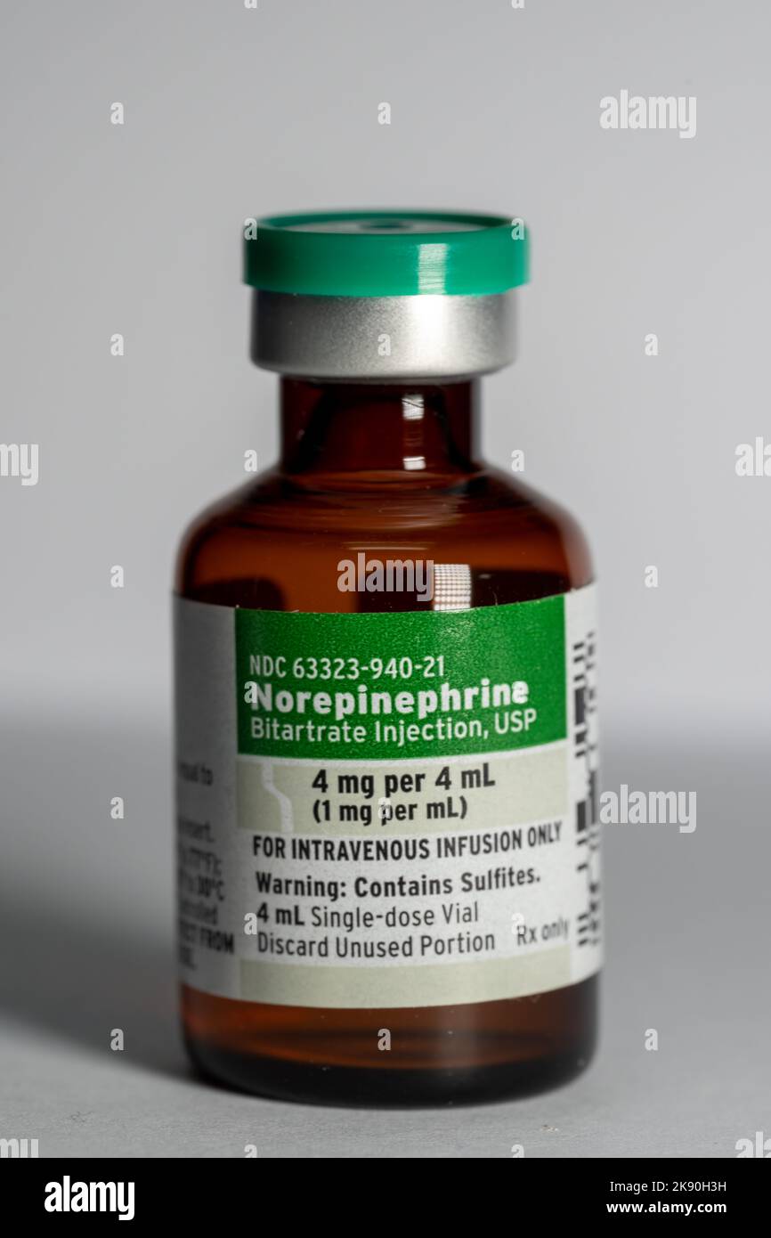 A bottle of Norepinephrine medicine for injection treating low blood ...