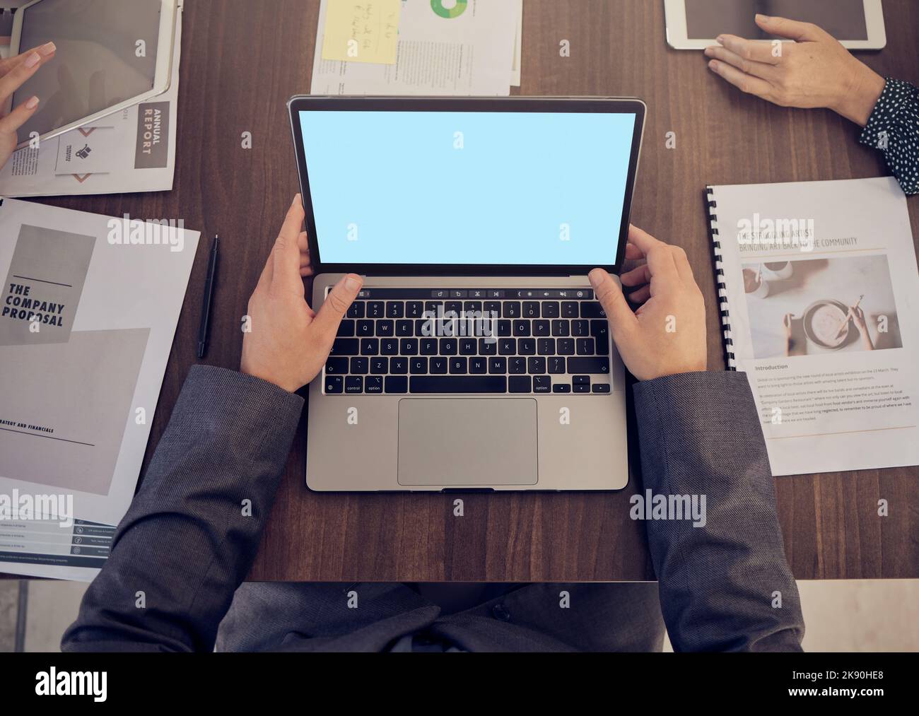 Blank, computer planning and businessman green screen with mockup of ...