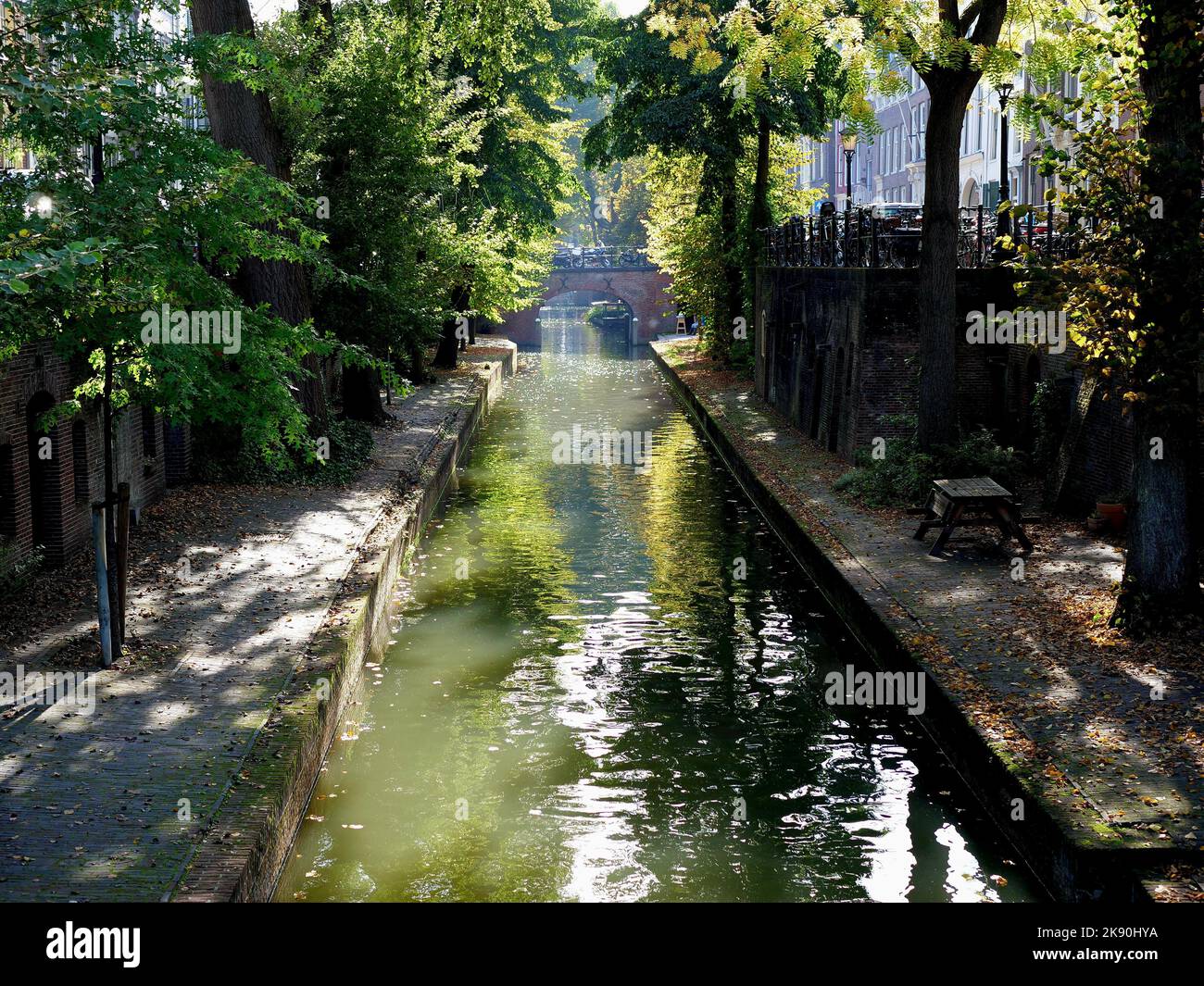 A scenic view of a canal flowing through the town with autumn trees and ...