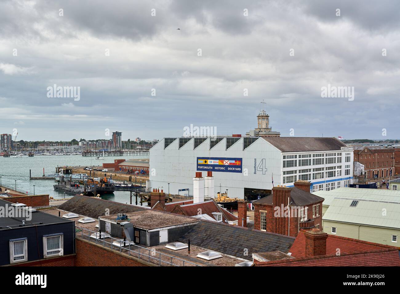 An aerial view of Premier Inn Portsmouth Dockyard hotel under dark ...