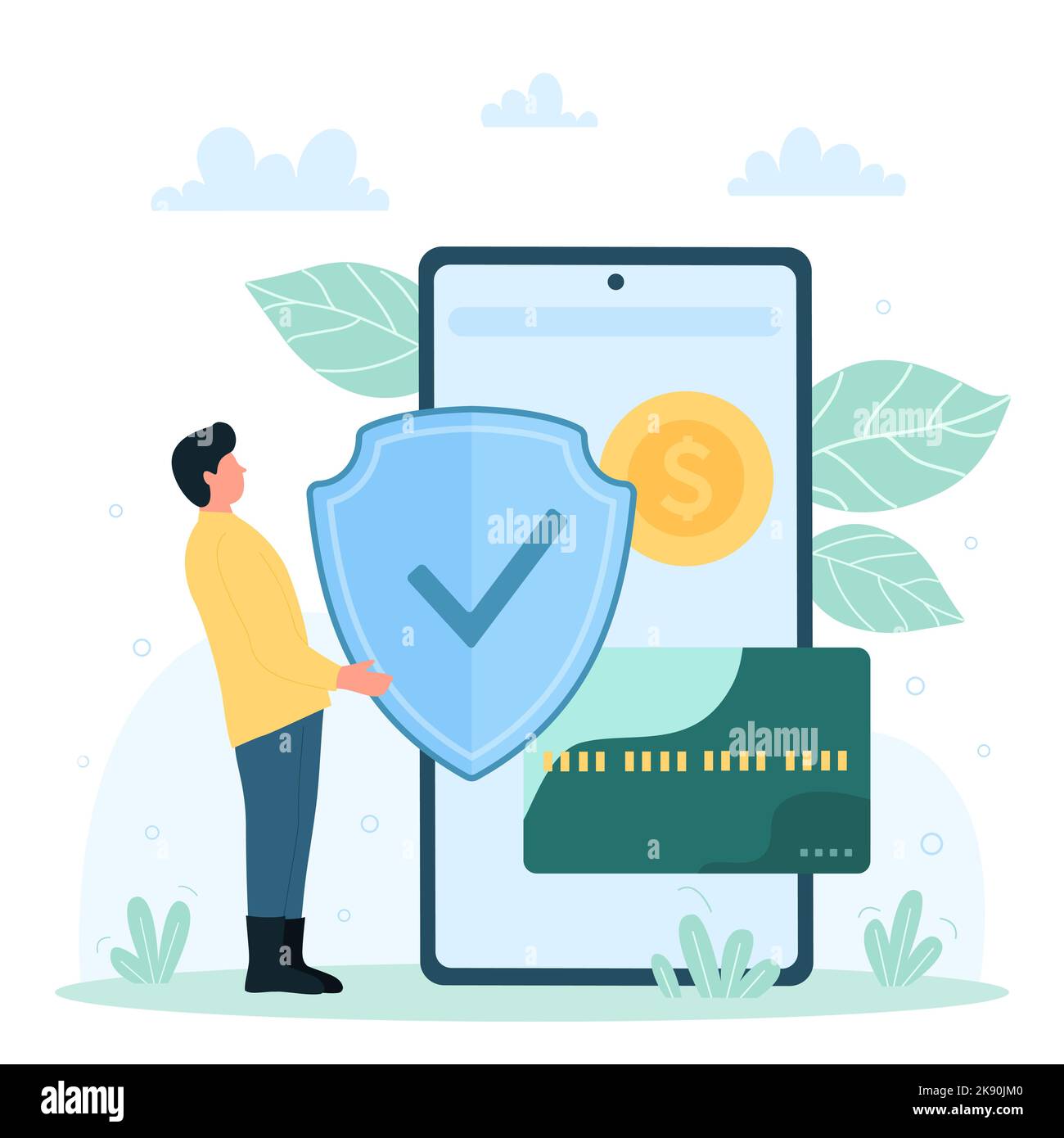 Secure payment in mobile app vector illustration. Cartoon tiny man ...