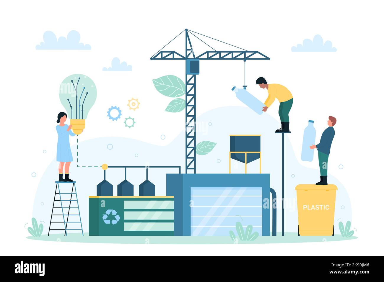 Waste recycling bio technology, electricity, energy production vector illustration. Cartoon tiny ...