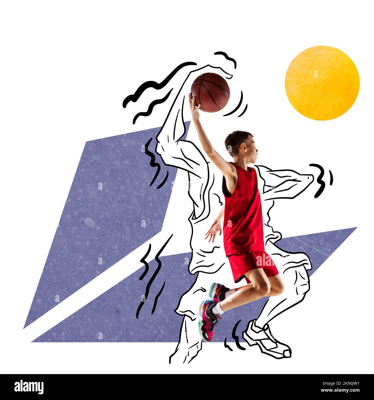 Contemporary art collage. Creative design. Teen boy, sportsman ...