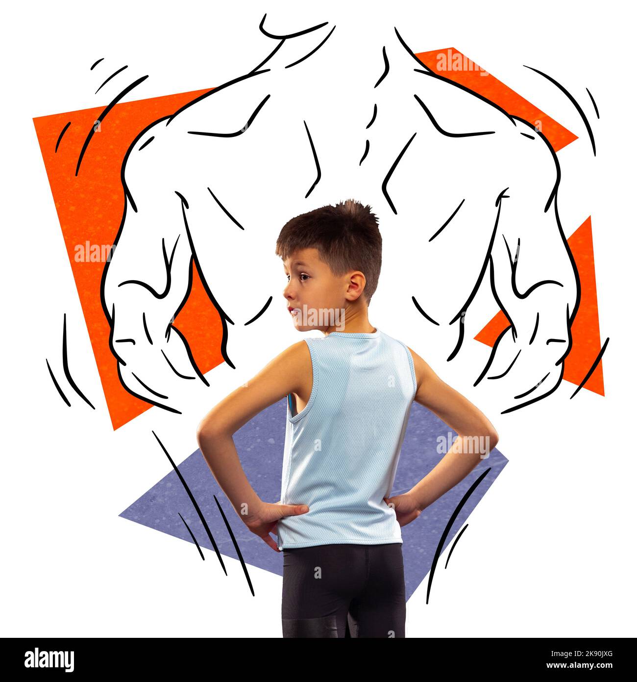 Contemporary art collage. Creative design. Teen boy, sportsman posing ...