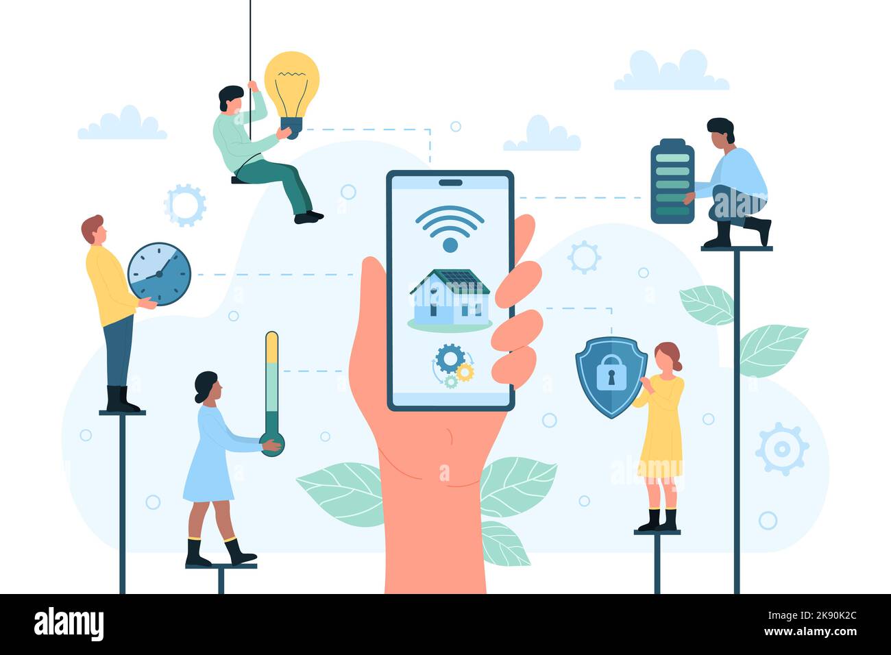 Smart home technology vector illustration. Cartoon users hand ...