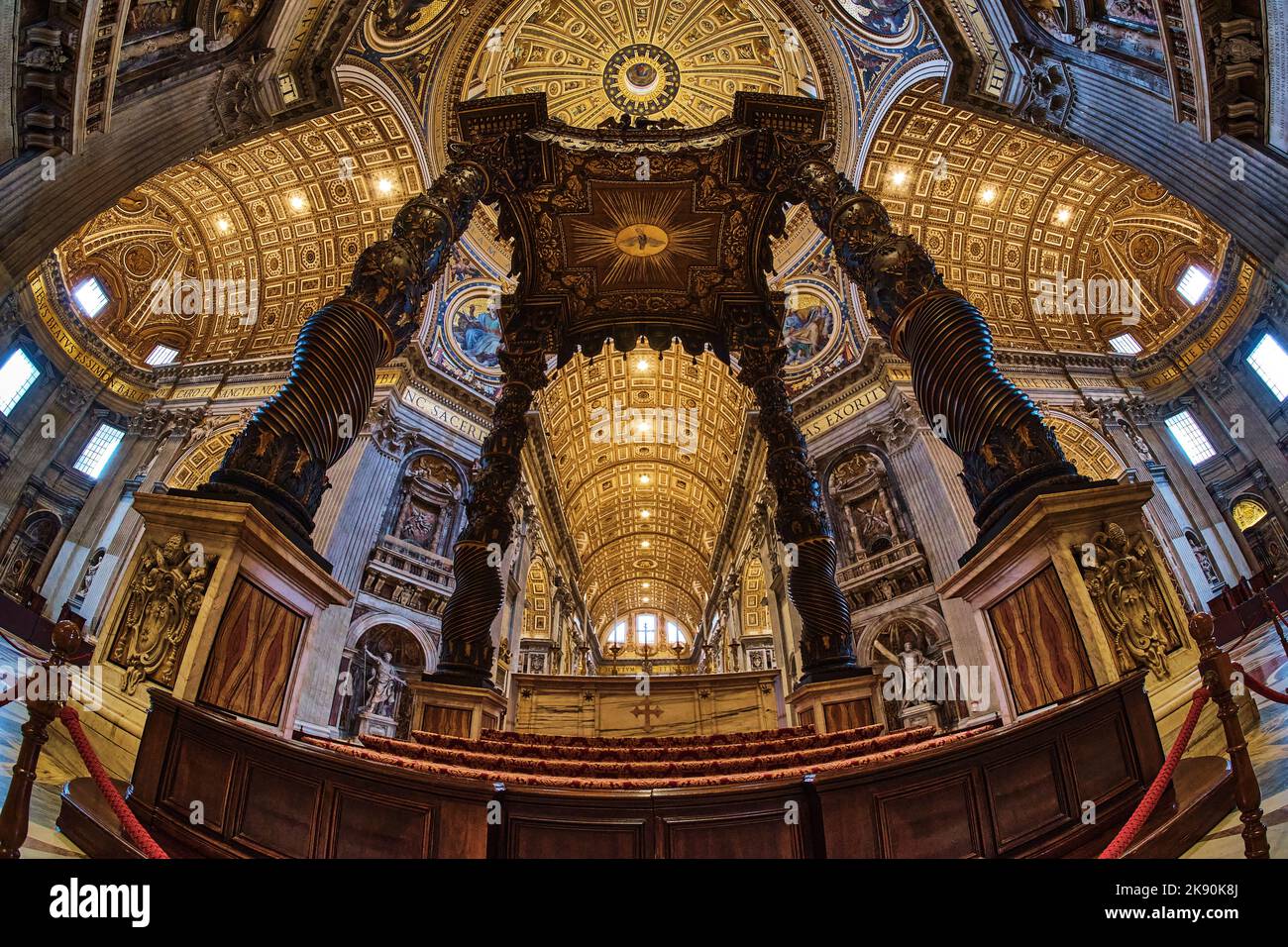 An undershot of Saint Peter's Baldachin inside view with lights Stock ...