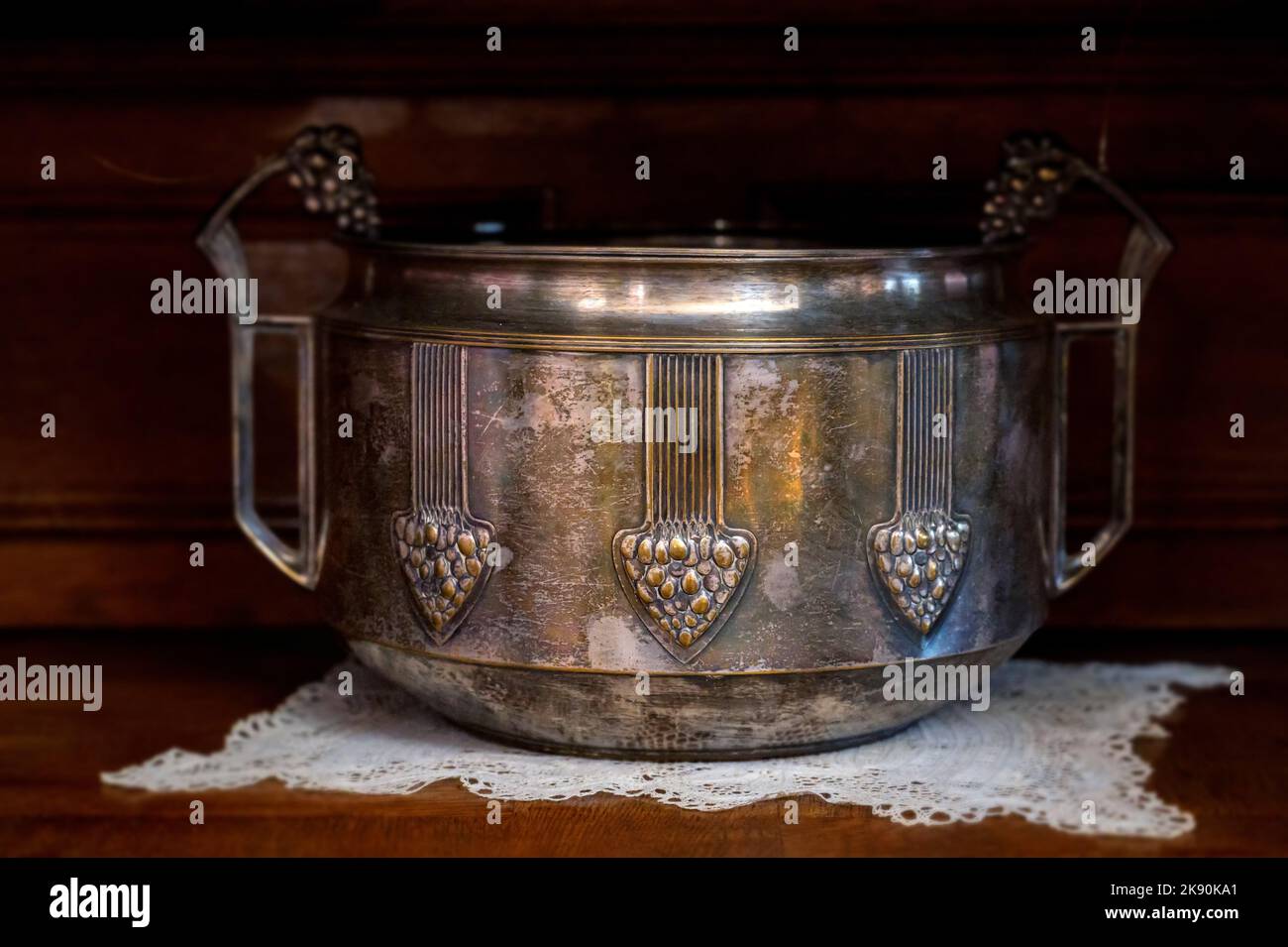 View of elegant silver saucepan in vintage style for rich people or ...