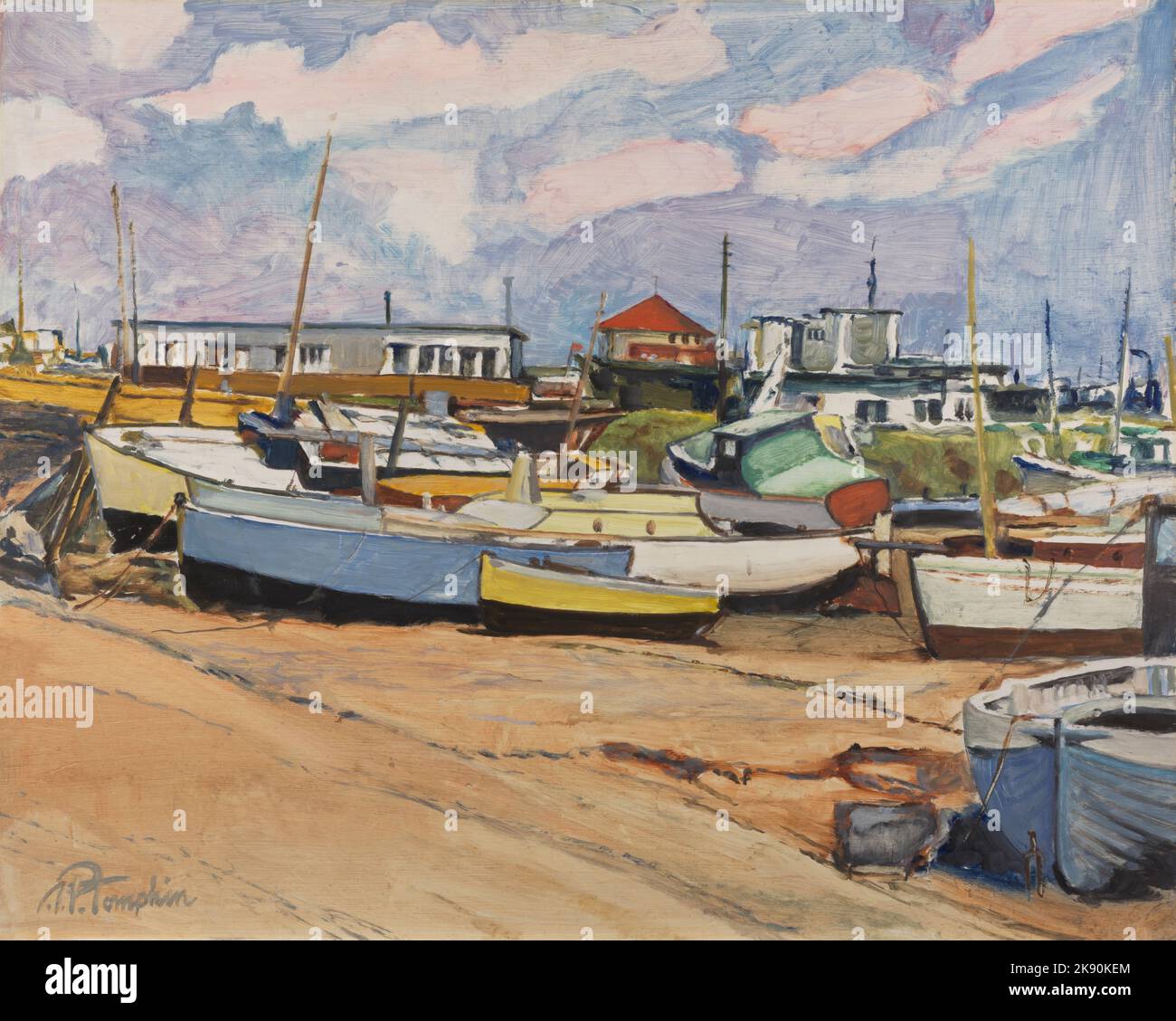 Oil painting, Harbour at low tide painted by Alfred Percy Tompkin ...