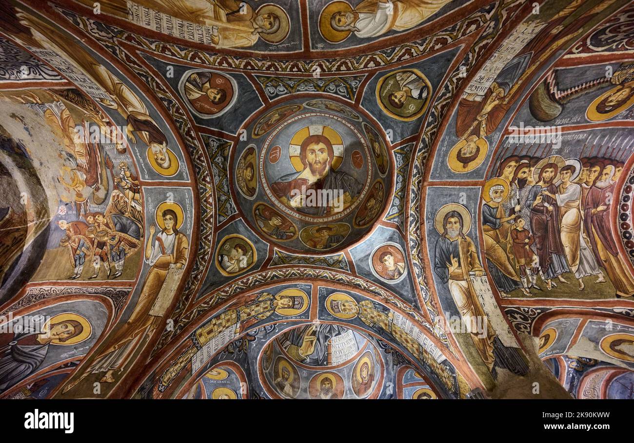 interior view of magnificent fresco in dark church, Karanlık Kilise in ...