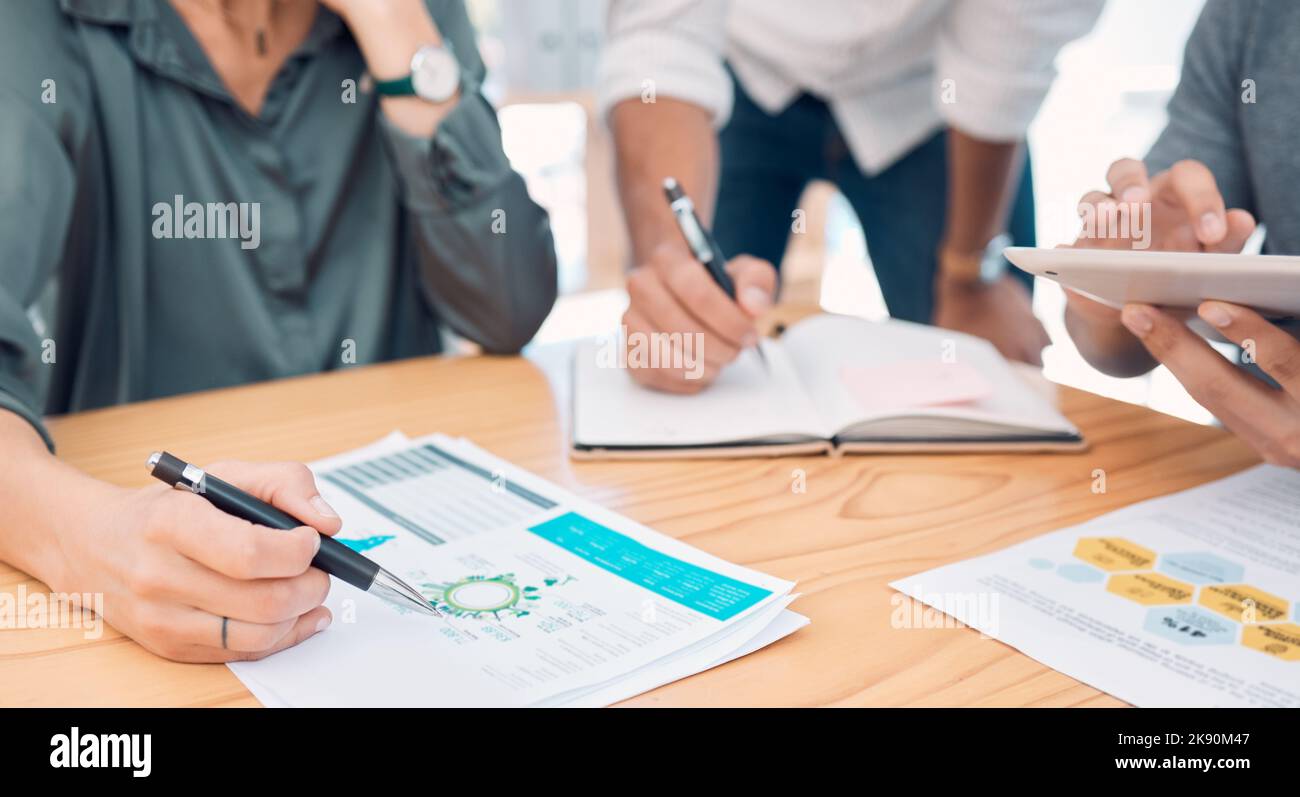 Business, group and hands for data on chart, analytics and graph for ...