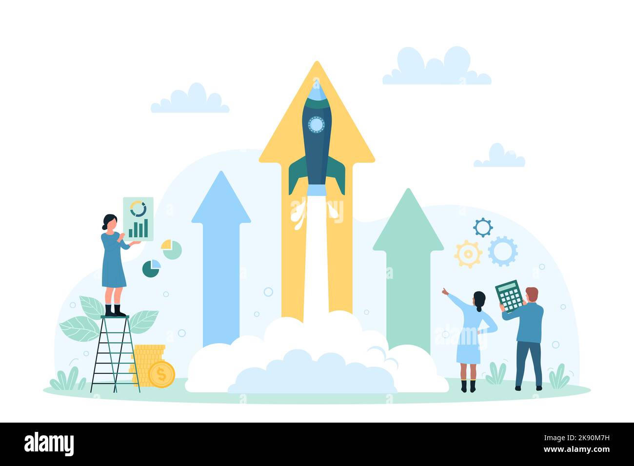 Startup launch technology, business process vector illustration. Cartoon speed rocket flying up ...