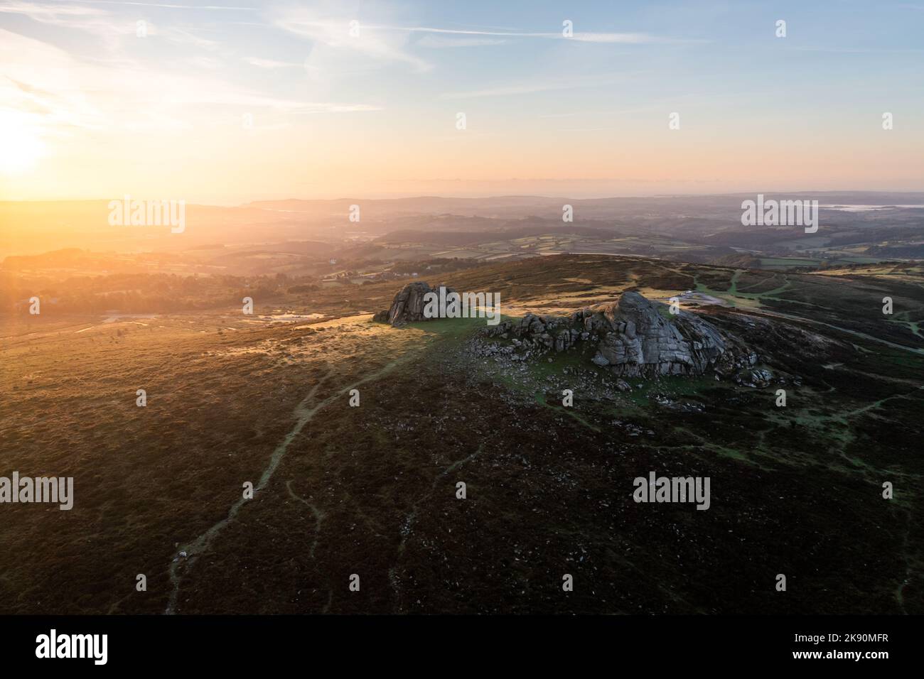 An aerial landscape view of Haytor Rocks in The Dartmoor National Park ...