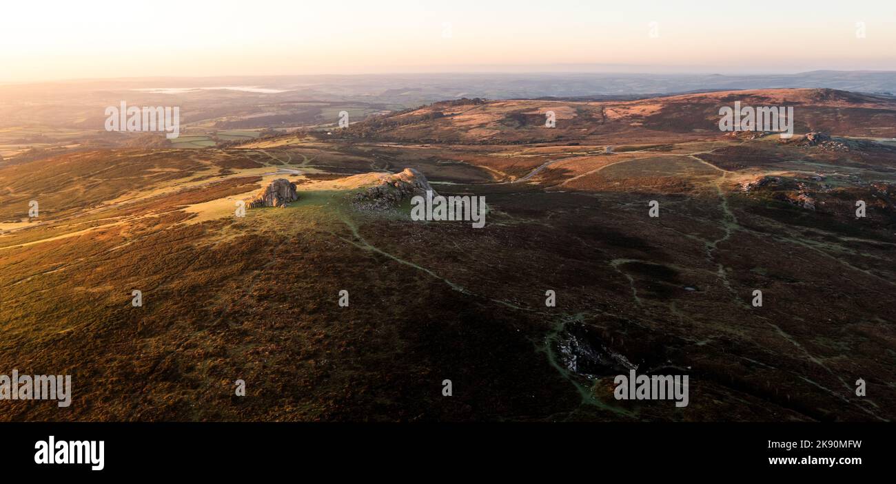 An aerial landscape view of Haytor Rocks in The Dartmoor National Park ...