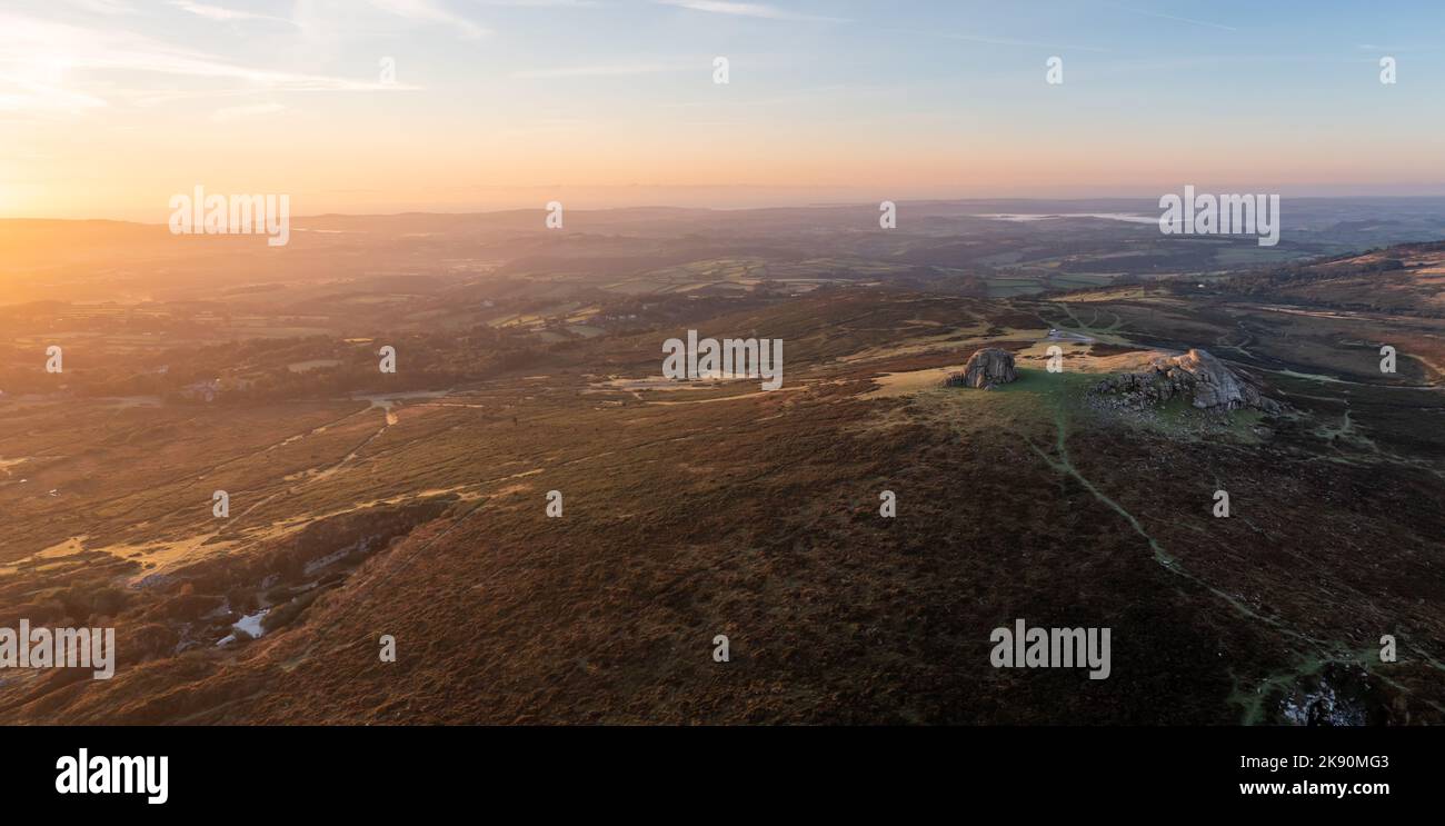 An aerial landscape view of Haytor Rocks in The Dartmoor National Park ...