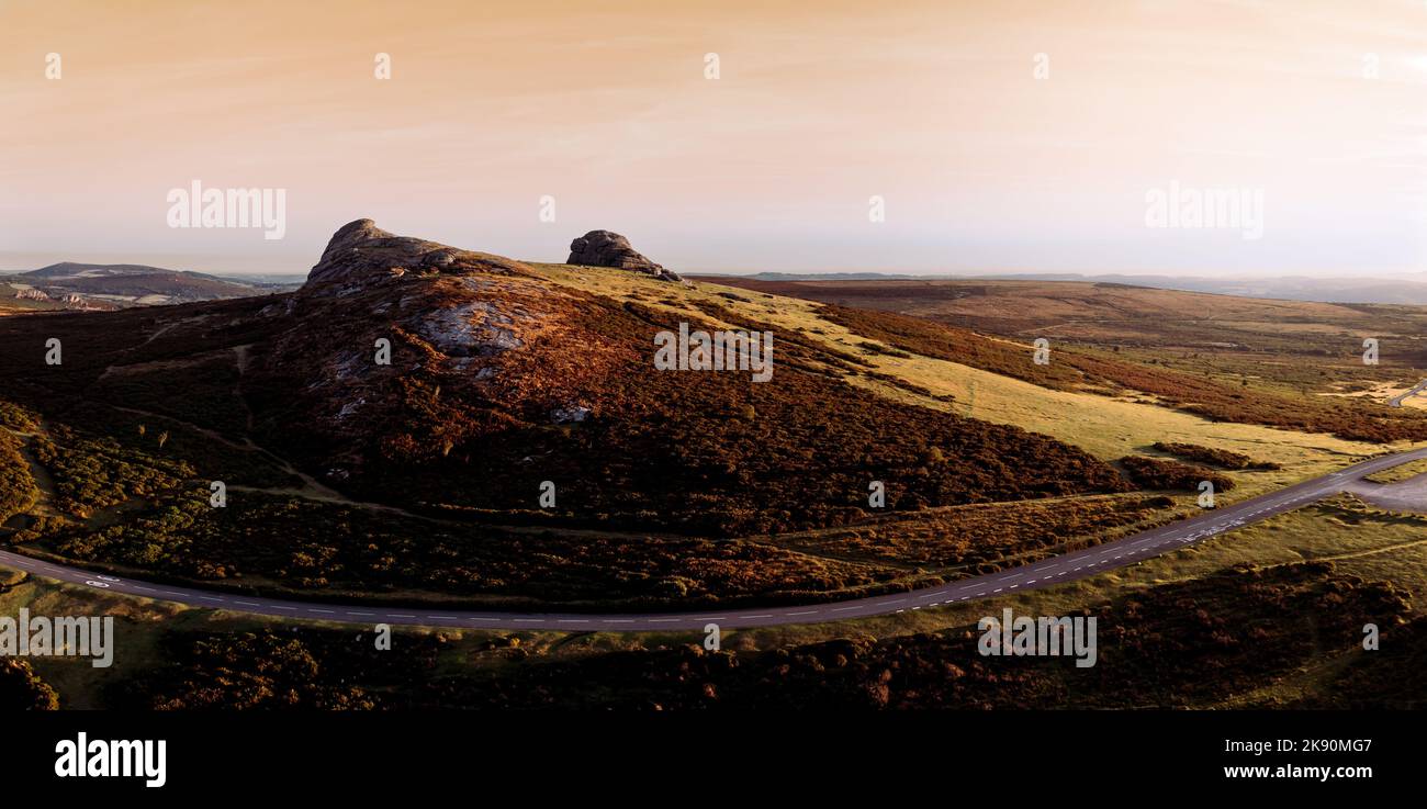 An aerial landscape view of Haytor Rocks in The Dartmoor National Park ...