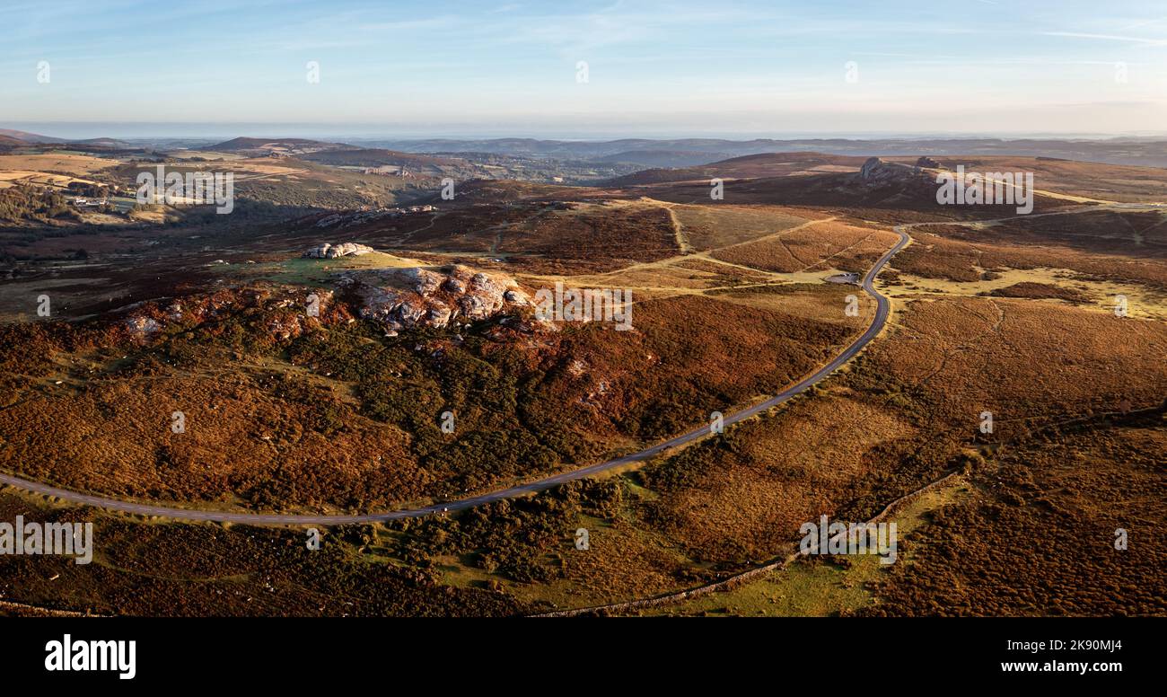 An aerial landscape view of Haytor Rocks in The Dartmoor National Park ...