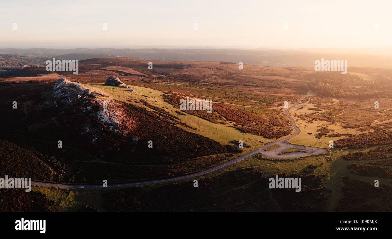 An aerial landscape view of Haytor Rocks in The Dartmoor National Park ...